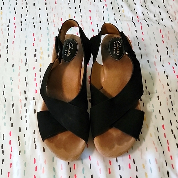 Clarks | Shoes | Clarks Artisan Black Nubuck Cork Wedges 95 Annadel ...